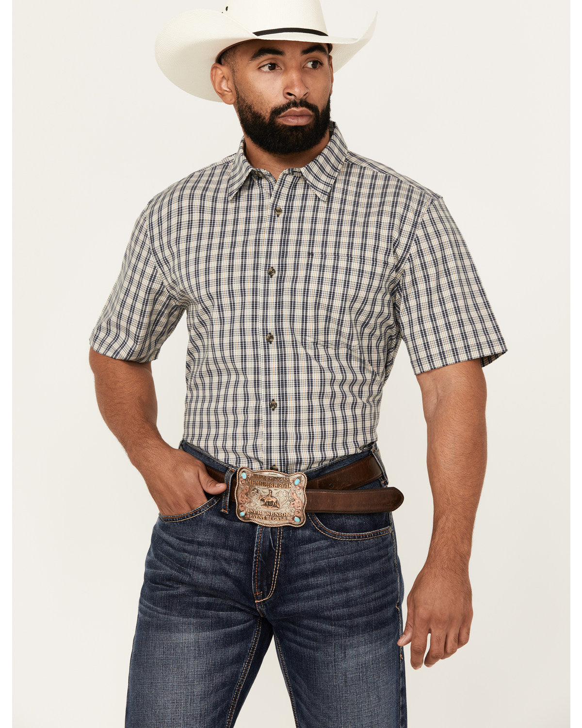 Cody James Men's Plaid Print Short Sleeve Button-Down Stretch Western